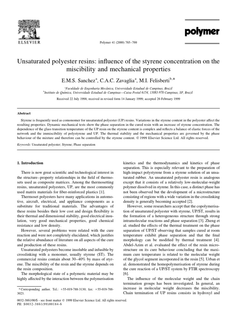 Unsaturated Polyester Resins: Influence of The Styrene Concentration On The Miscibility and ...