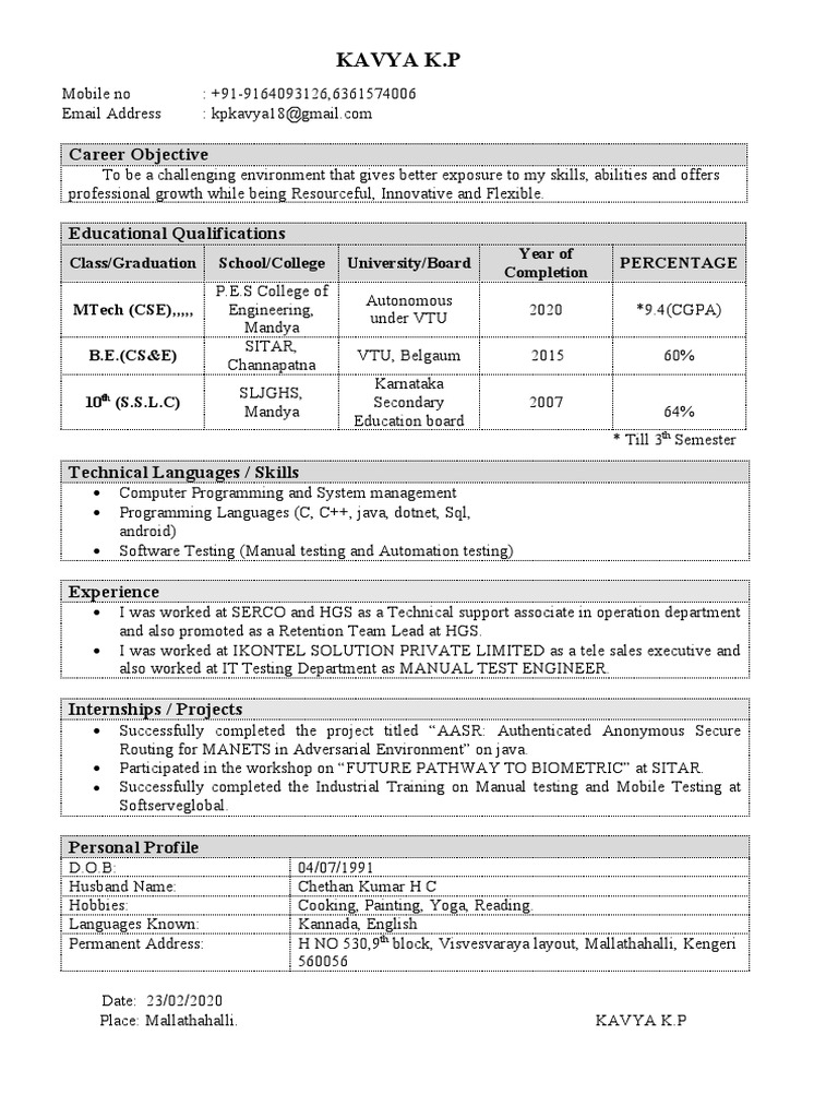 Kavya Resume | PDF | Computing | Areas Of Computer Science