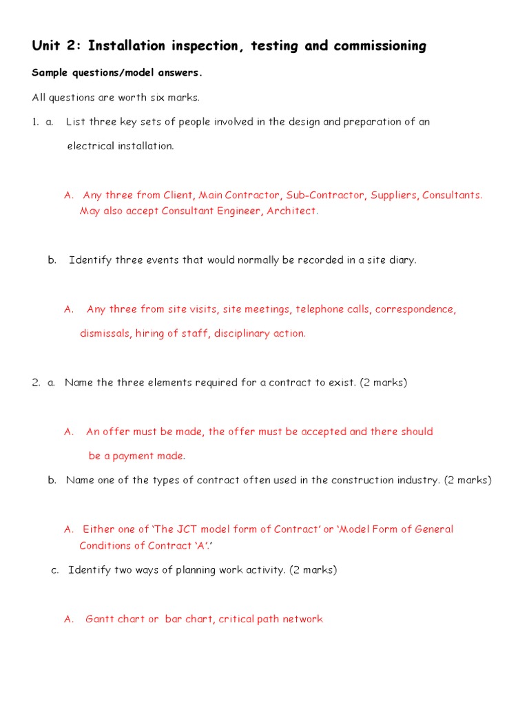 Unit 2: Installation Inspection, Testing and Commissioning: Sample ...