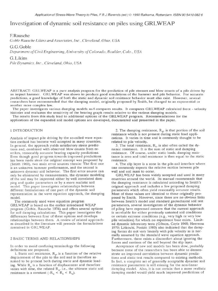 (1992) Investigation of Dynamic Soil Resistance On Piles Using GRLWEAP ...