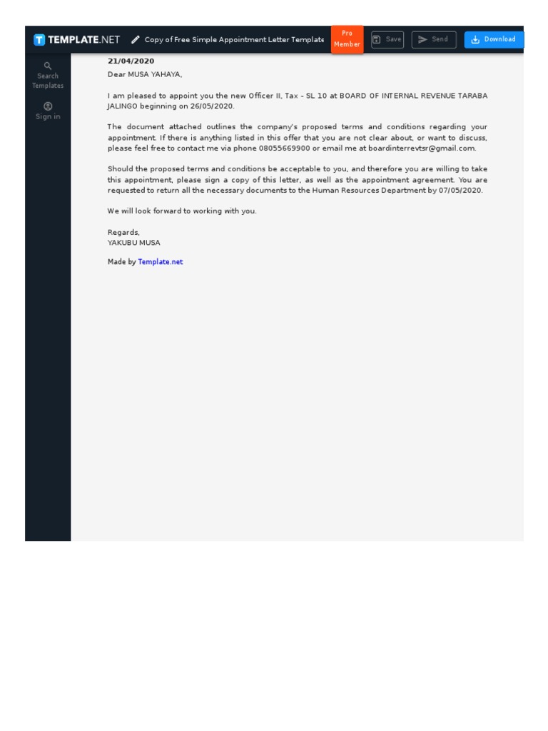 Free Simple Appointment Letter Template | PDF