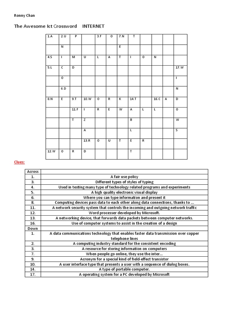 ICT Crossword Puzzle with Clues | PDF | Computer Network | Information ...
