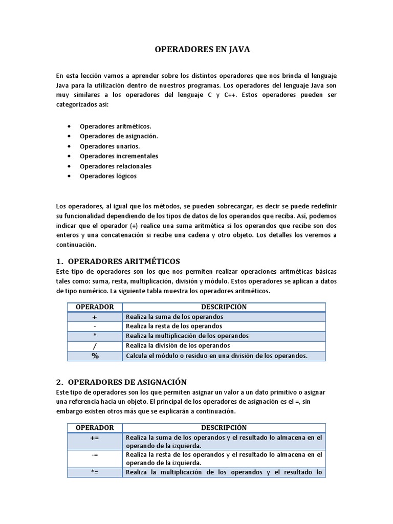 6 Operadores | PDF | Java (lenguaje de programación) | Objeto (informática)