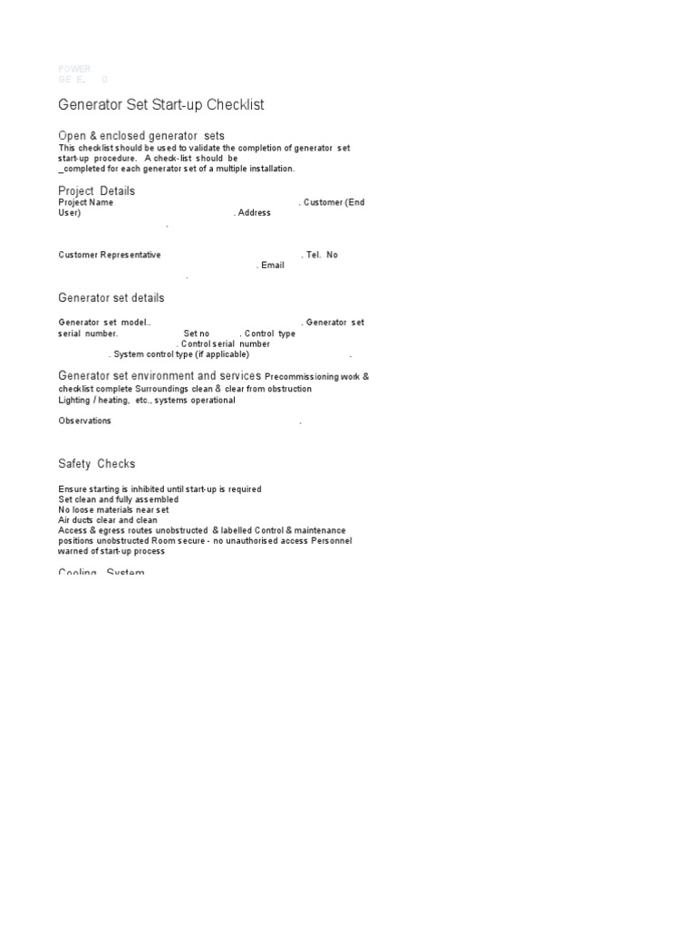 Generator Set Start-up Checklist | PDF | Leak | Electric Generator