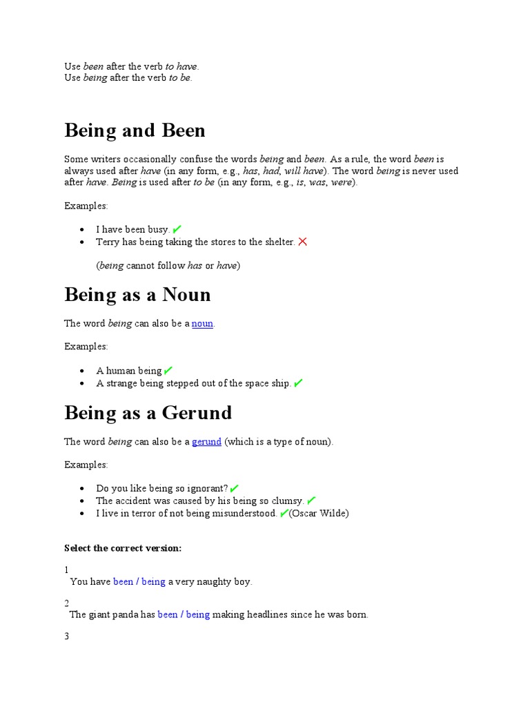 Being and Been: Select The Correct Version | PDF | Verb | Adjective