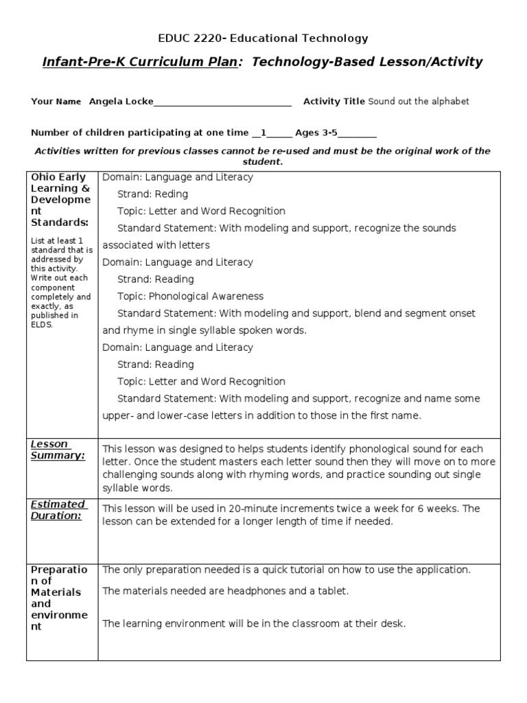Ed Tech ECDE Activity Plan | PDF | Syllable | Differentiated Instruction