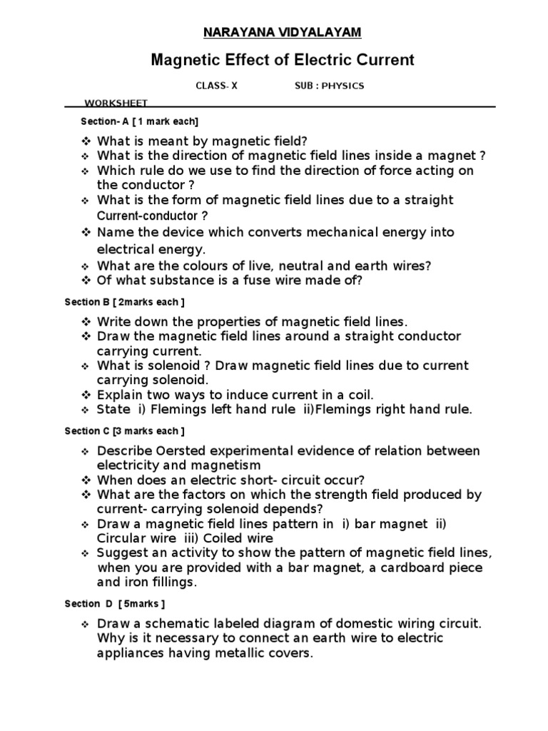 Magnetic Effect of Electric Current: Narayana Vidyalayam | PDF