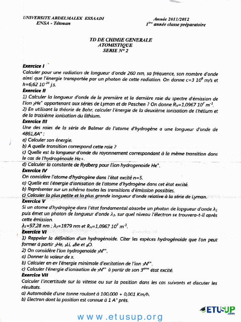 TD 2 Corrigé de Chimie Générale ENSA | PDF
