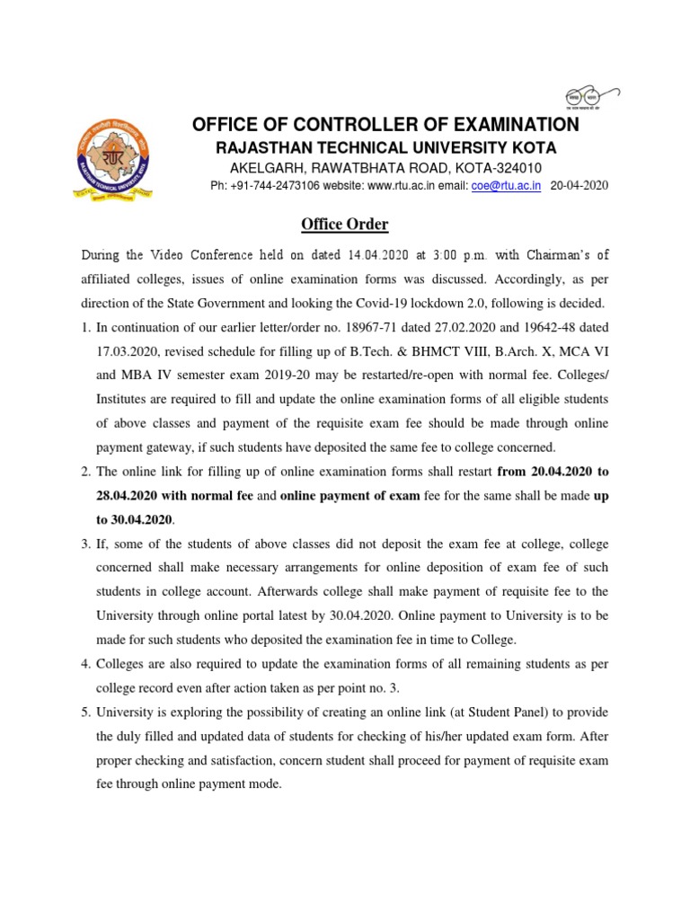 Office of Controller of Examination: Rajasthan Technical University ...