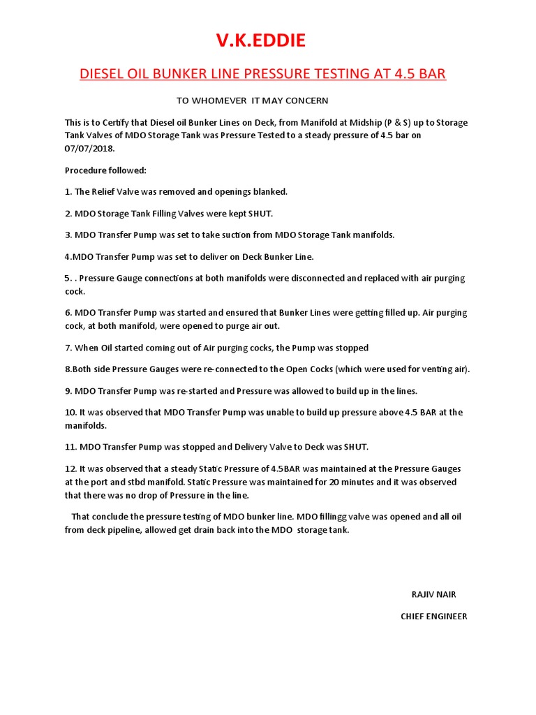 V.K.Eddie: Diesel Oil Bunker Line Pressure Testing at 4.5 Bar | PDF