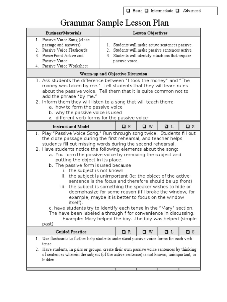 Passive Voice Grammar Lesson Plan | PDF | Subject (Grammar) | Verb
