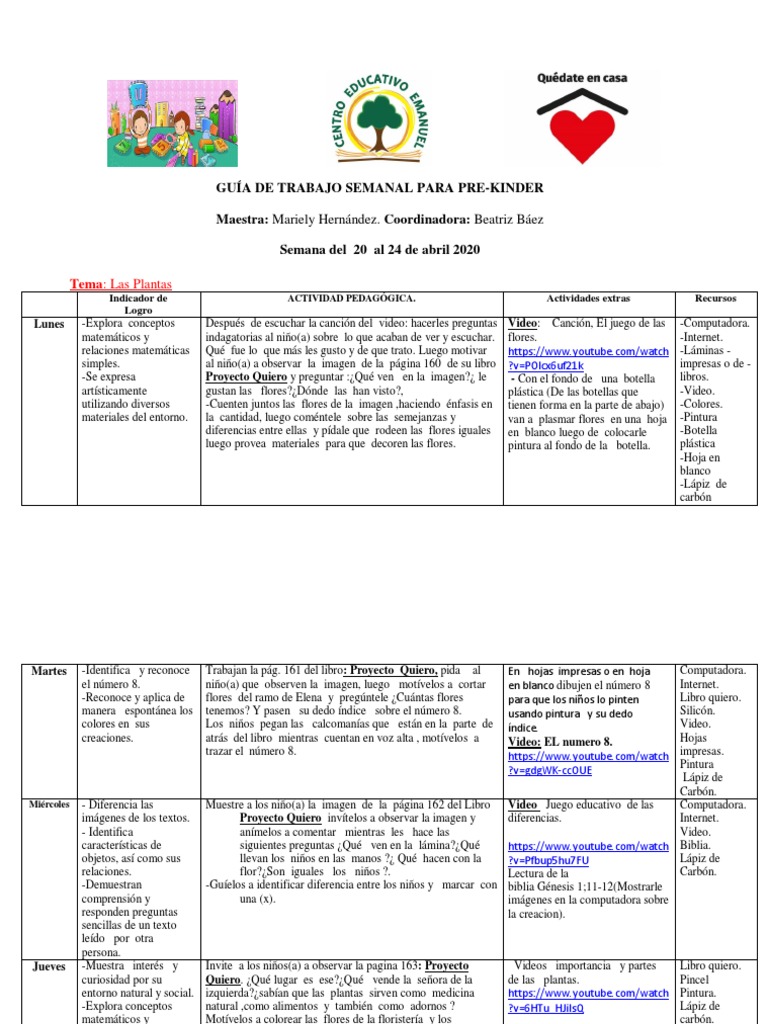 Guía de Trabajo Semanal para Pre-Kinder (20-24 de Abril) | PDF | Libros ...