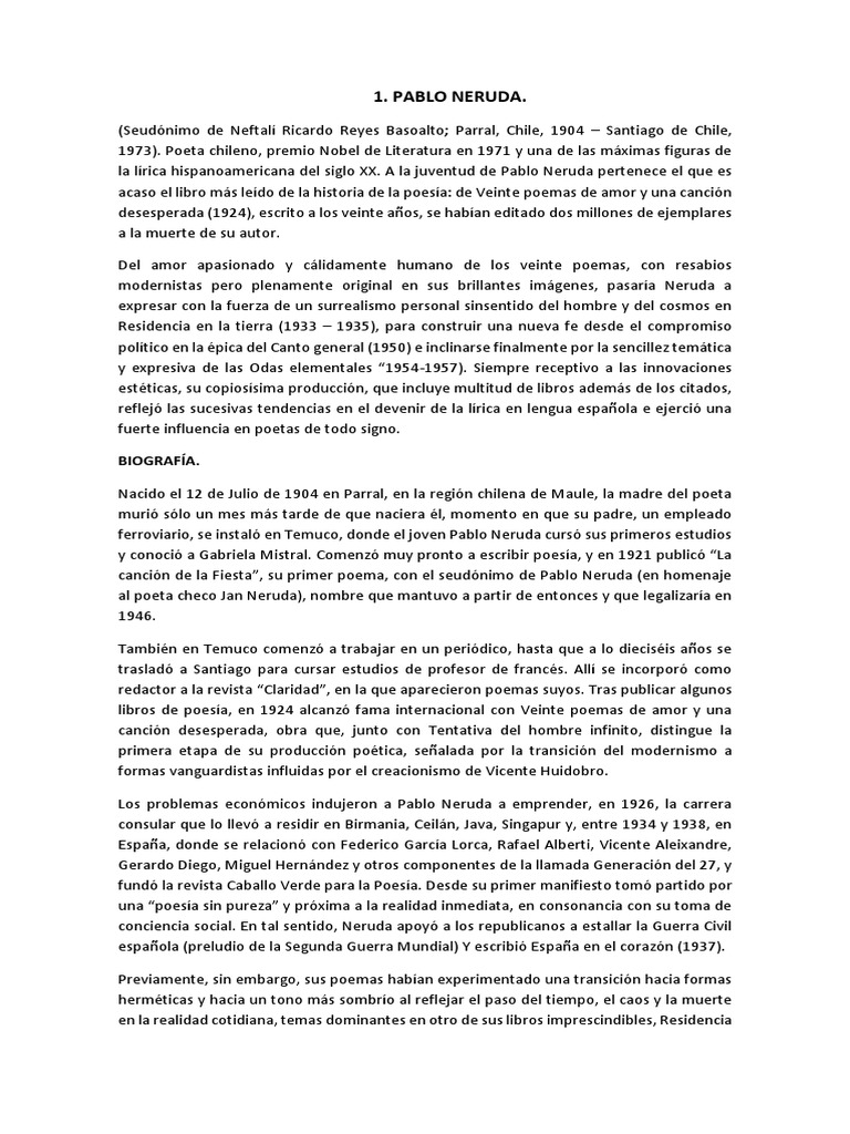 Pablo Neruda Biografia. | PDF | Poesía