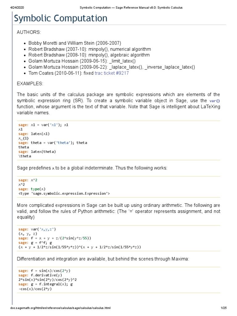 Symbolic Computations In Sagemath Pdf Integral Parameter Computer Programming