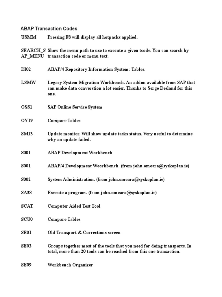 Sap Abap T-Codes | PDF | Software Engineering | Information Science