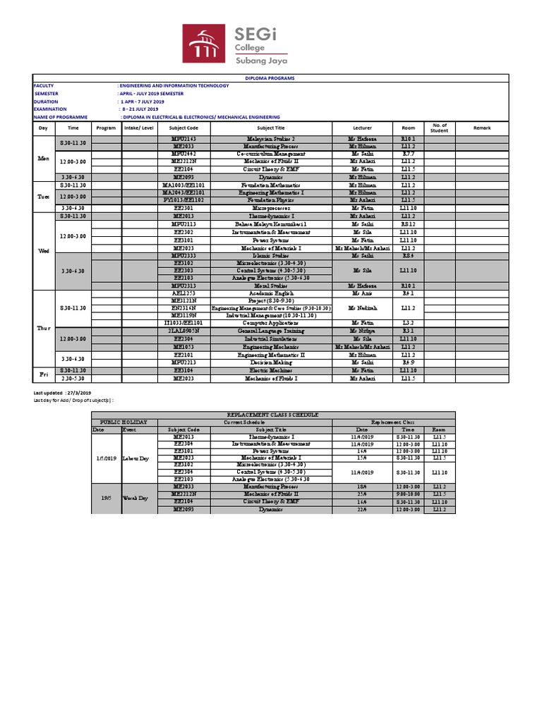 Timetable of DIPMECH and DIPELEC (APRIL-JULY 2019) | PDF | Engineering | Electronics