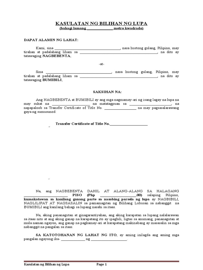 Kasulatan NG Bilihan NG Lupa Blank | PDF