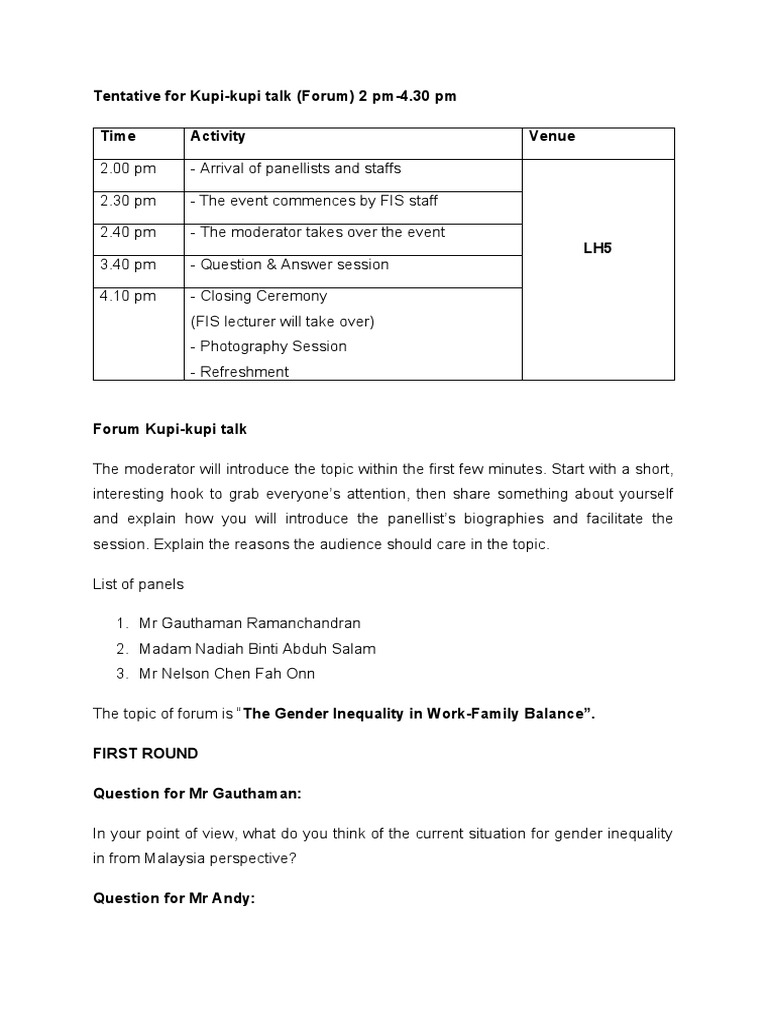 Tentative For Kupi-Kupi Talk (Forum) 2 pm-4.30 PM Time Activity Venue | PDF