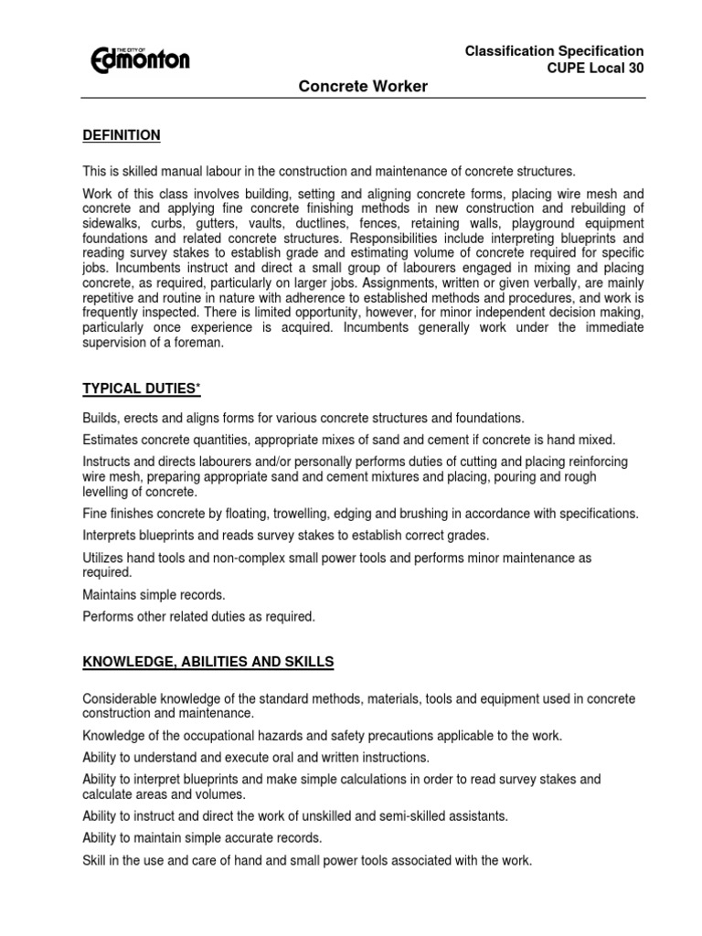Concrete Worker: Classification Specification CUPE Local 30 | PDF ...