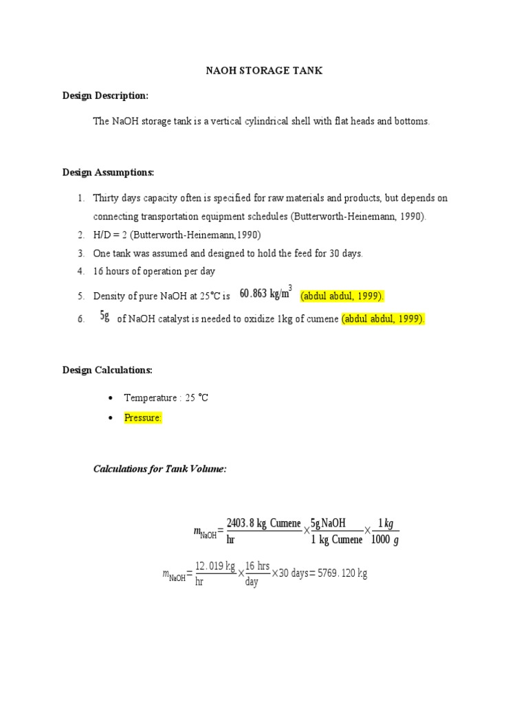 Naoh Storage Tank Design Description:: Calculations For Tank Volume ...