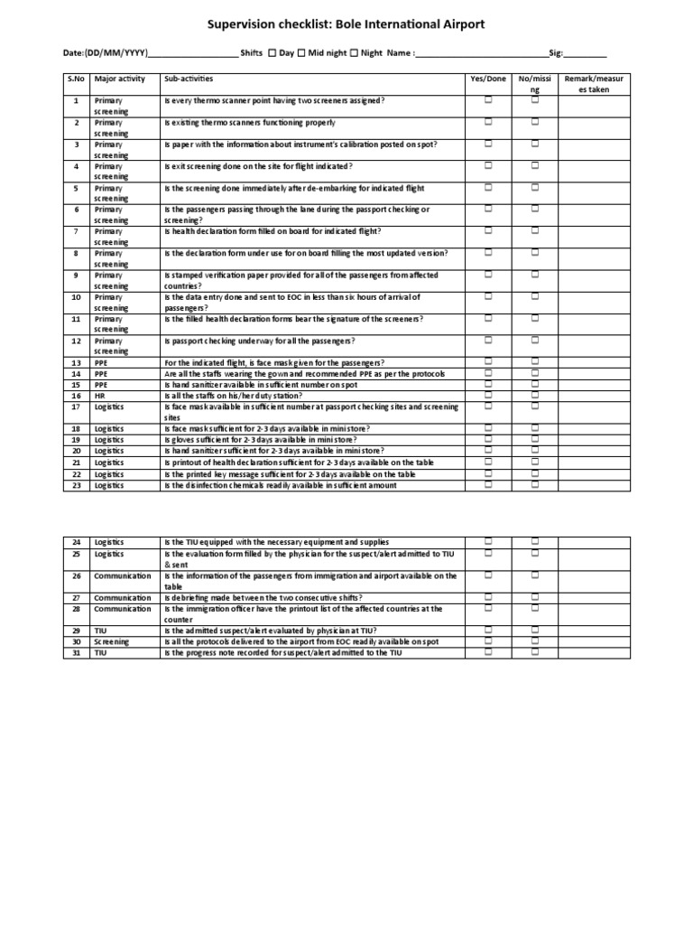 Supervision Checklist: Bole International Airport | PDF | Business