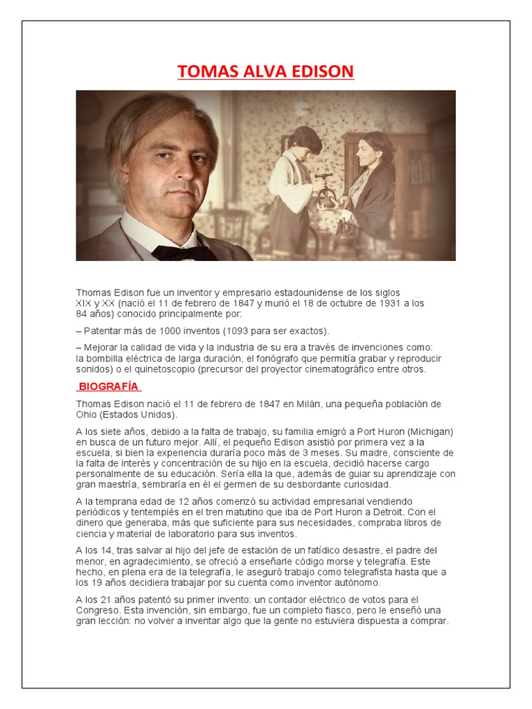 Biografía de Thomas Alva Edison | PDF | Thomas Edison | Bombilla ...