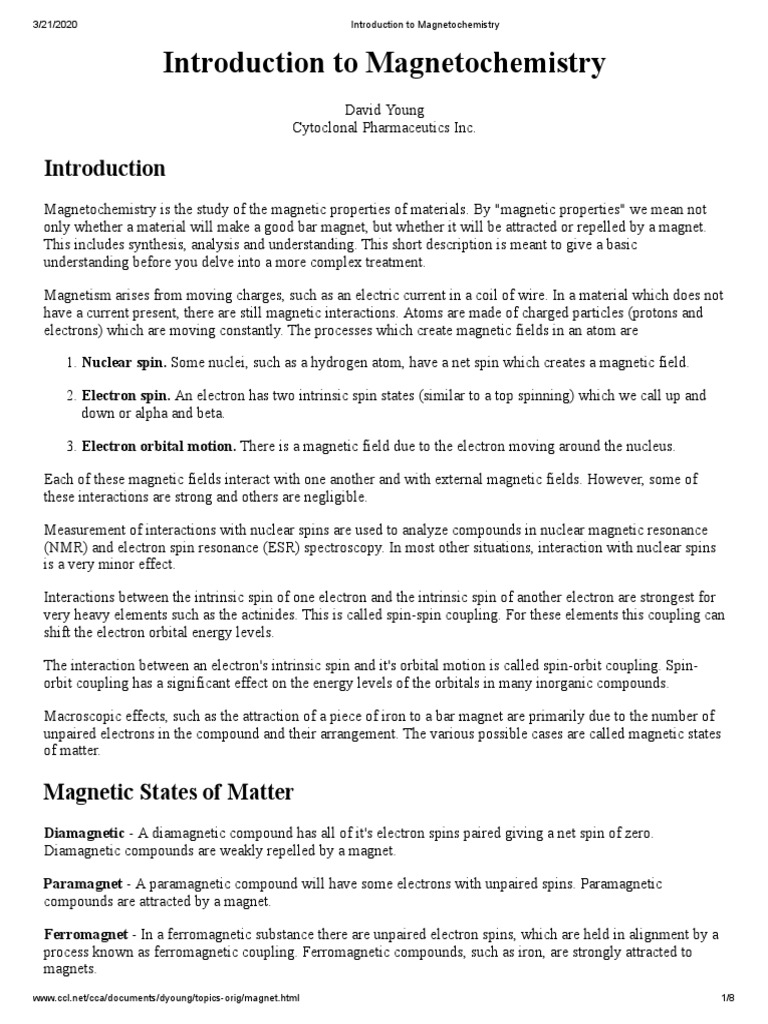 Introduction to Magnetochemistry | PDF | Ferromagnetism | Magnetism