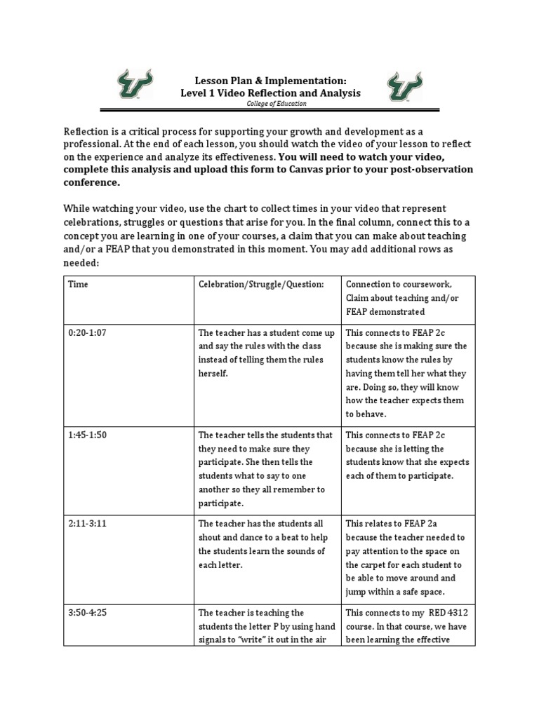 Lesson Plan & Implementation: Level 1 Video Reflection and Analysis ...
