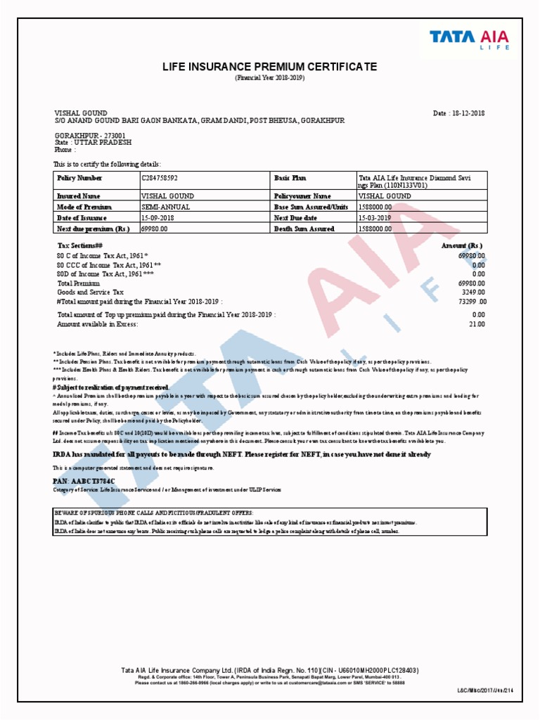 Life Insurance Premium Certificate: (Financial Year 2018-2019) | PDF ...