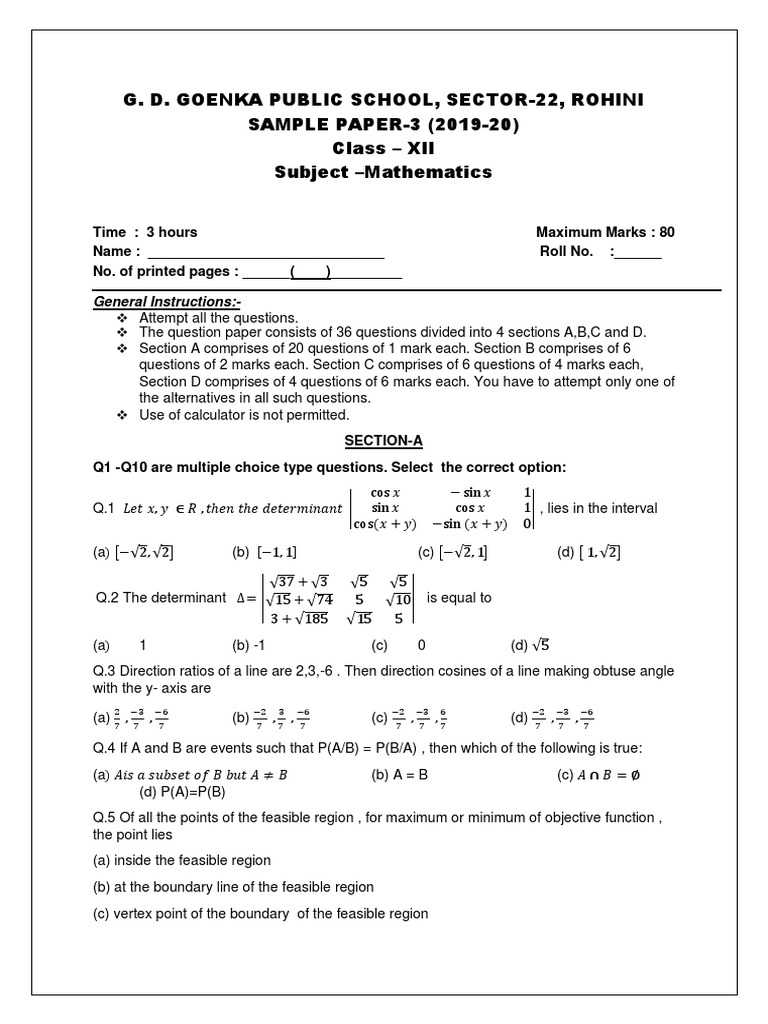 G. D. Goenka Public School, Sector-22, Rohini SAMPLE PAPER-3 (2019-20) Class - XII Subject ...