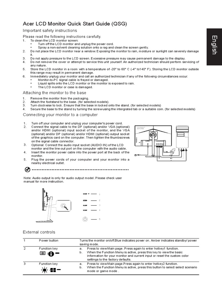 Acer LCD Monitor Quick Start Guide (QSG) : Important Safety ...