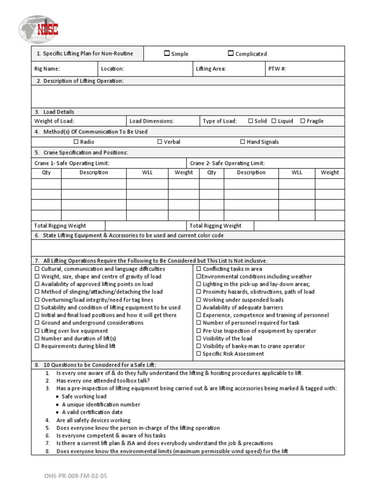 Specific Lifting Pland - OHS-PR-009 - FM-01-051. Rv2 | PDF | Crane ...