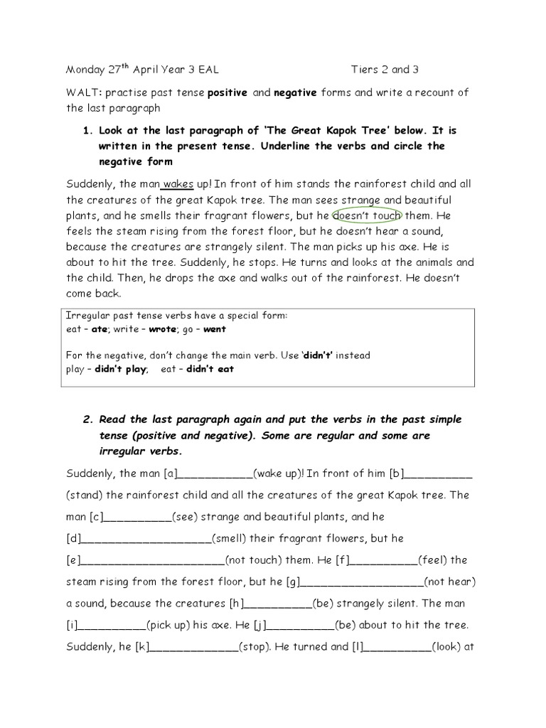 Tier 2 and 3 Past Tense Positive and Negative Forms | PDF | Trees ...