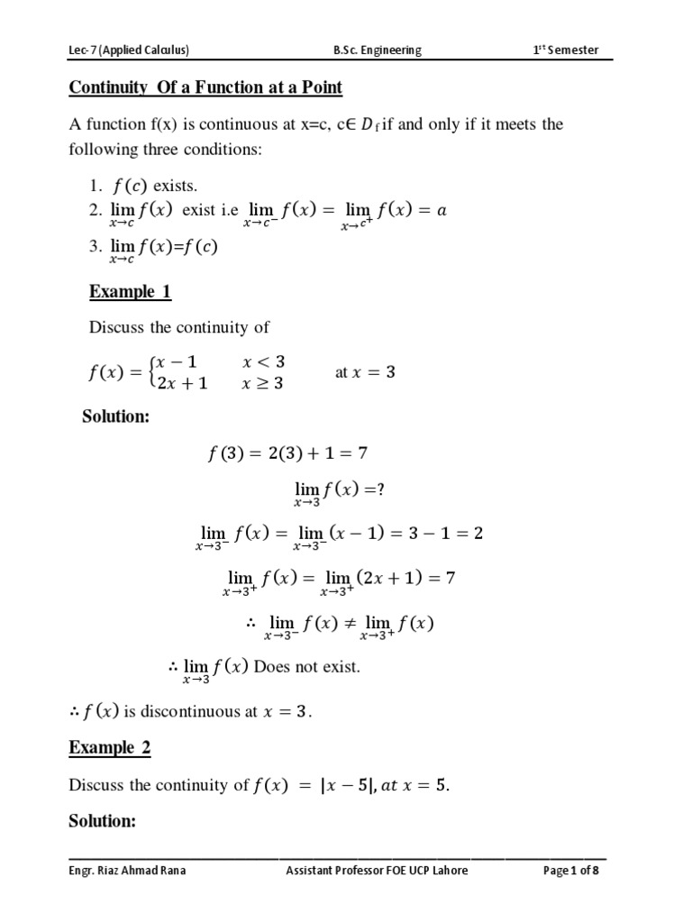 Continuity of A Function at A Point: Lec-7 (Applied Calculus) B.Sc. Engineering 1 Semester ...