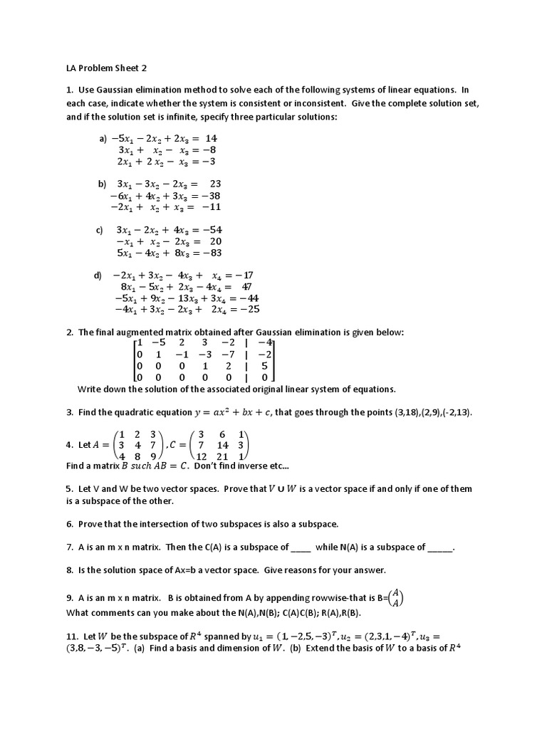 LA - Problem Sheet 2 | PDF | Linear Subspace | Matrix (Mathematics)