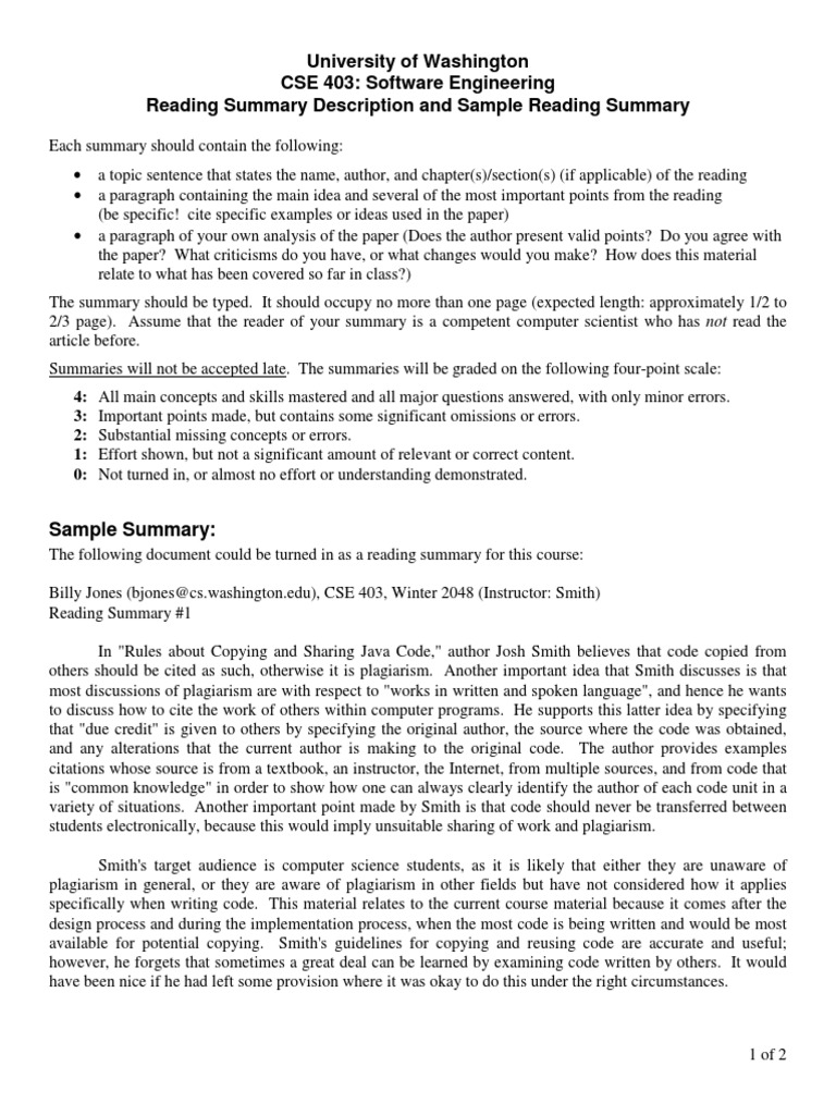 University of Washington CSE 403: Software Engineering Reading Summary Description and Sample ...
