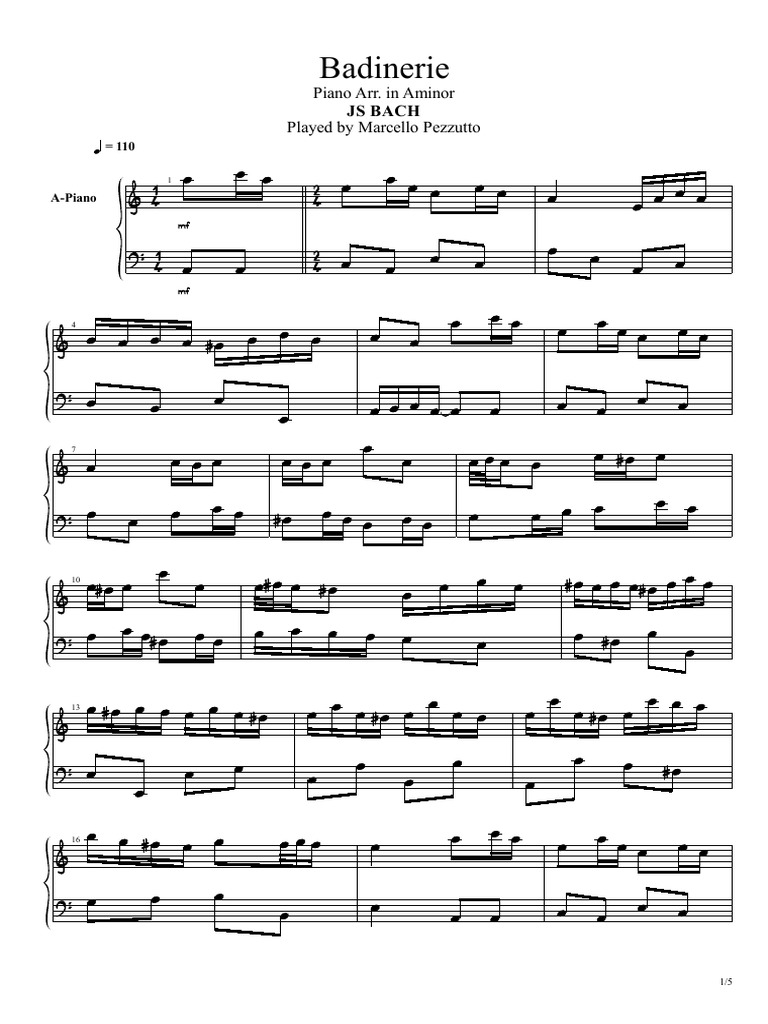 Badinerie: Piano Arr. in Aminor Js Bach Played by Marcello Pezzutto | PDF