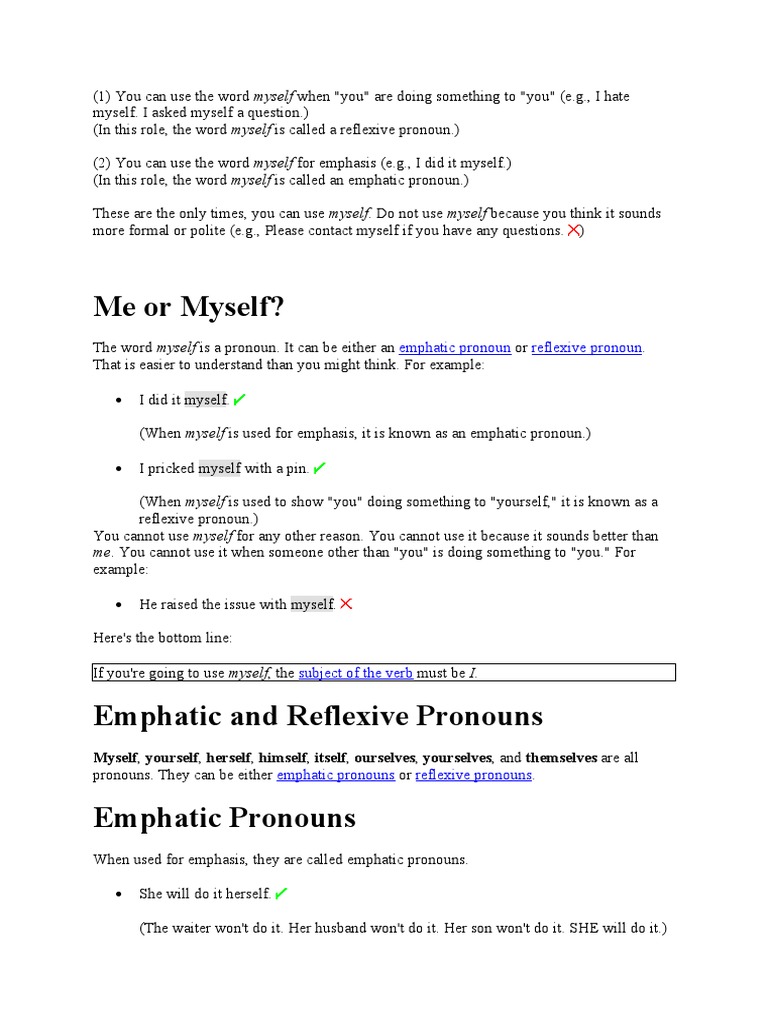 Me or Myself?: Emphatic Pronoun Reflexive Pronoun | PDF | Pronoun | Semiotics