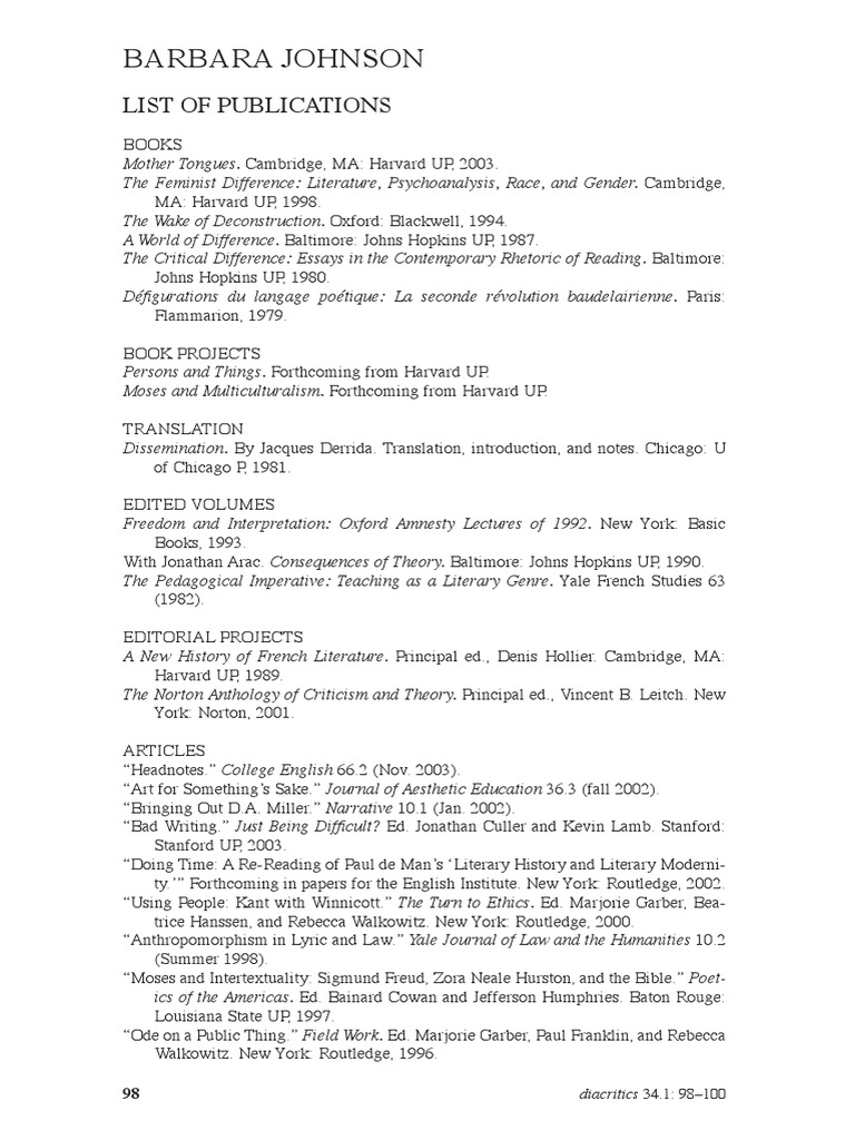 Barbara Johnson Publications List PDF | PDF | Literary Criticism | Poetry