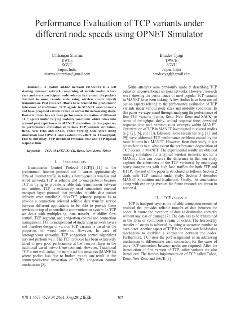 Performance Evaluation Of Tcp Variants Under Different Node Speeds Using Opnet Simulator Pdf