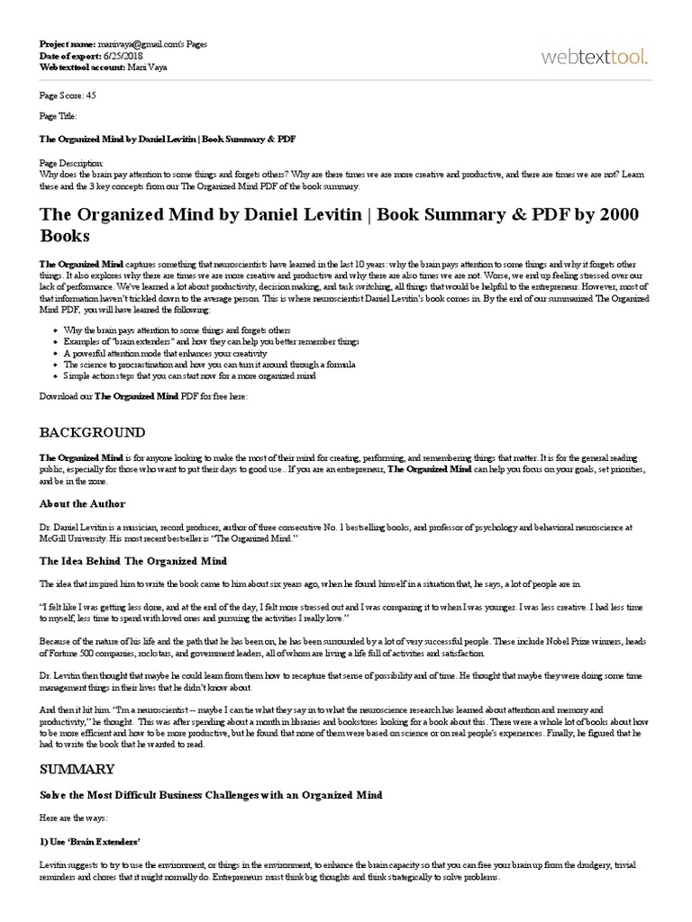 The Organized Mind by Daniel Levitin - Book Summary & PDF by 2000 Books ...
