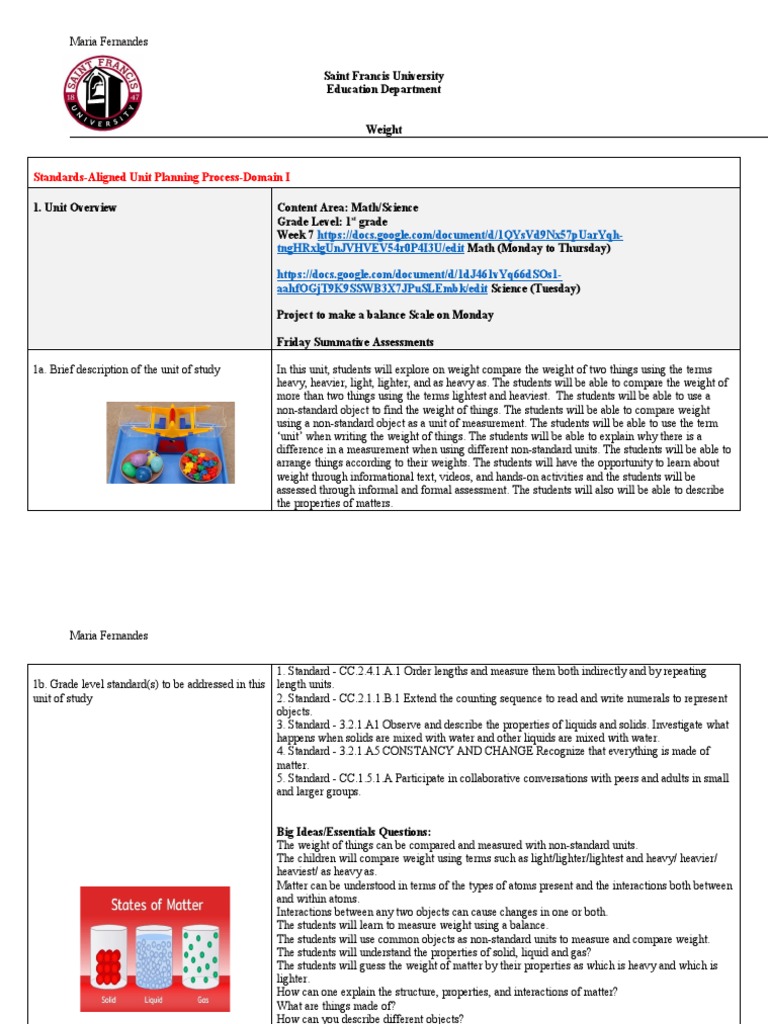 Unit Plan | PDF | Weight | Matter