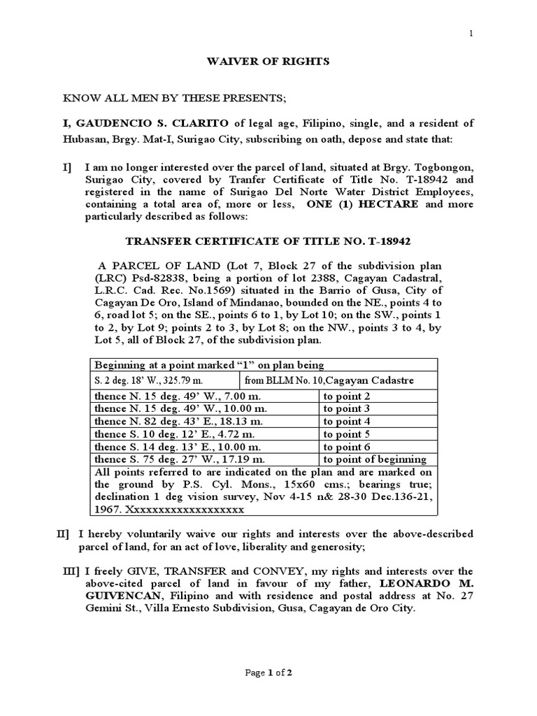 Affidavit of Waiver of Rights | PDF | Ethical Principles | Social ...