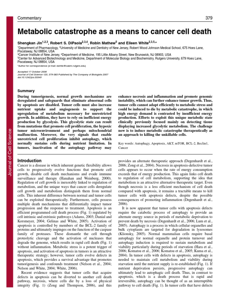 Metabolic Catastrophe in Cancer Cells | PDF | Autophagy | Apoptosis
