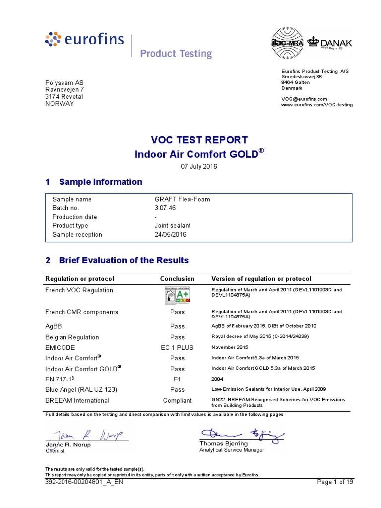 Voc Test Report Indoor Air Comfort GOLD: 1 Sample Information | PDF ...