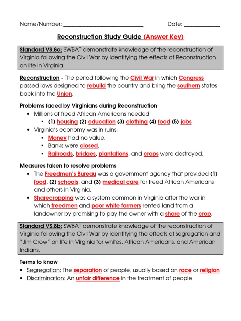 Reconstruction Study Guide: (Answer Key) | PDF | Reconstruction Era ...