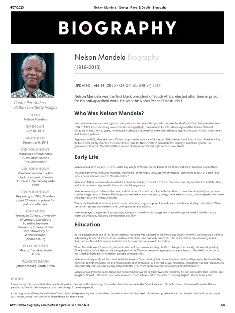 Nelson Mandela - Quotes, Facts & Death - Biography | PDF | Nelson ...