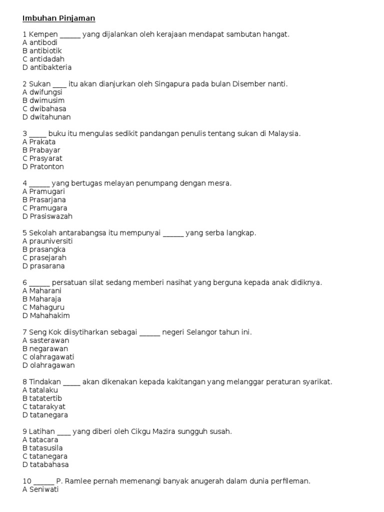 Latihan Imbuhan Pinjaman Tahun 6 | PDF