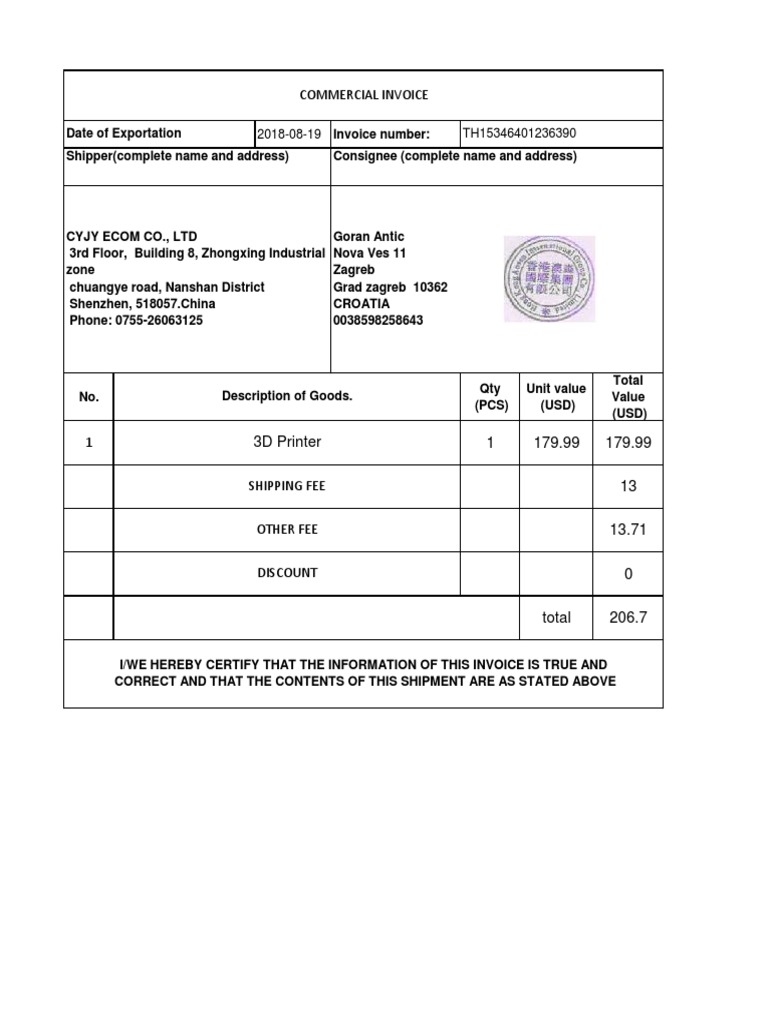 Commercial Invoice for 3D Printer Shipment | PDF