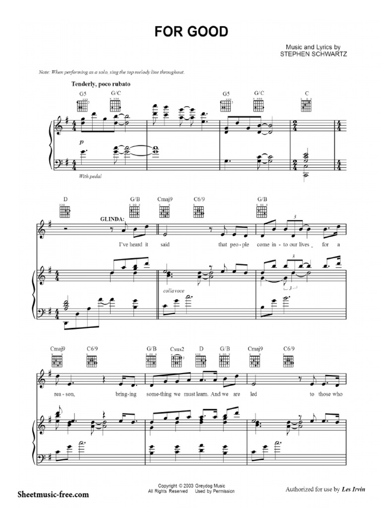 For Good Sheet Music Wicked (Not in Original Key) | PDF